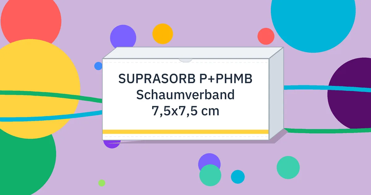 Symbolbild: Packung mit der Aufschrift SUPRASORB P+PHMB Schaumverband 7,5x7,5 cm (PZN 10045044) – Verfügbarkeit und Bezug in Apotheken in Frankfurt am Main