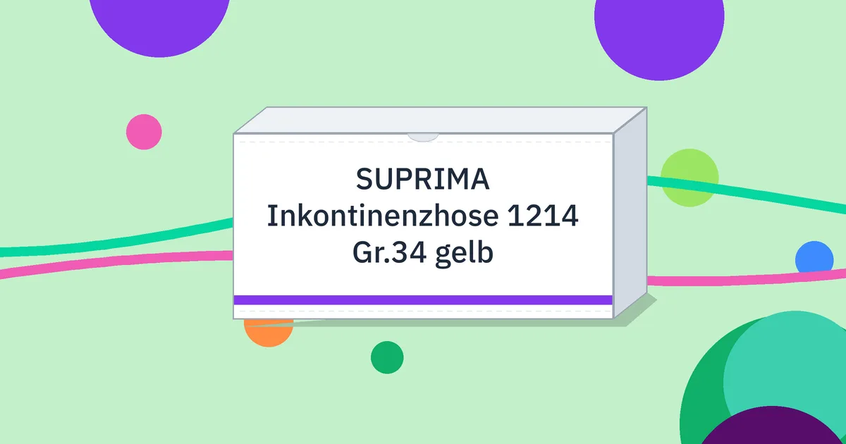 Symbolbild: Packung mit der Aufschrift SUPRIMA Inkontinenzhose 1214 Gr.34 gelb (PZN 02852055) – Verfügbarkeit und Bezug in Apotheken in Frankfurt am Main