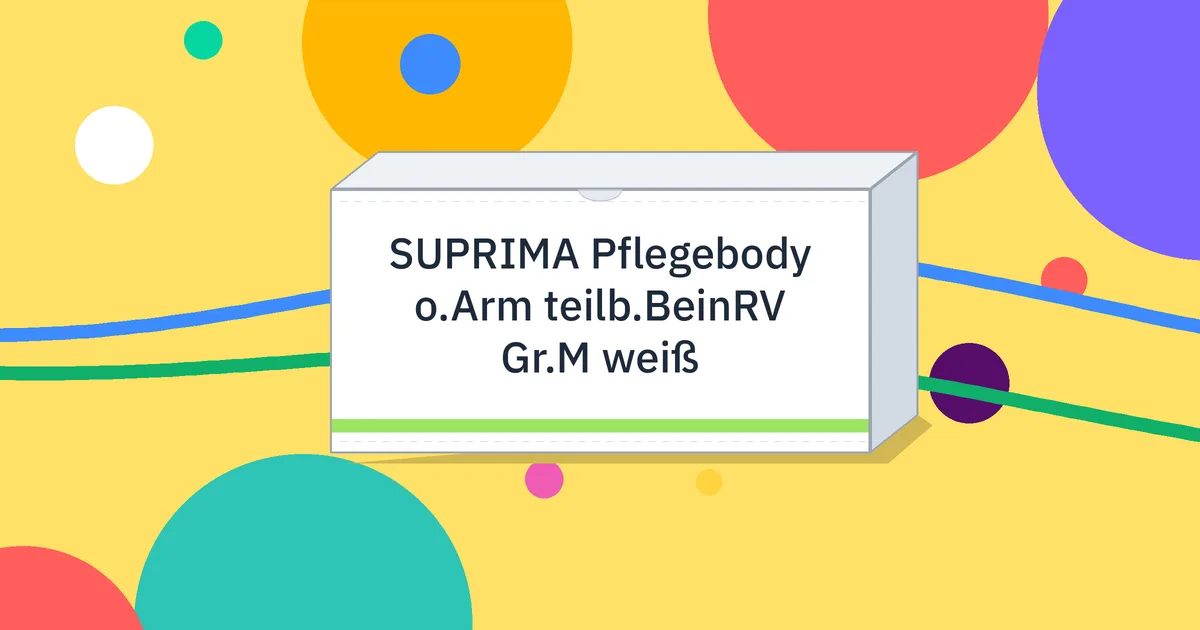 Symbolbild: Packung mit der Aufschrift SUPRIMA Pflegebody o.Arm teilb.BeinRV Gr.M weiß (PZN 02294655) – Verfügbarkeit und Bezug in Apotheken in Frankfurt am Main