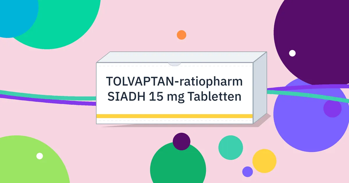 Symbolbild: Packung mit der Aufschrift TOLVAPTAN-ratiopharm SIADH 15 mg Tabletten (PZN 16085323) – Verfügbarkeit und Bezug in Apotheken in Frankfurt am Main