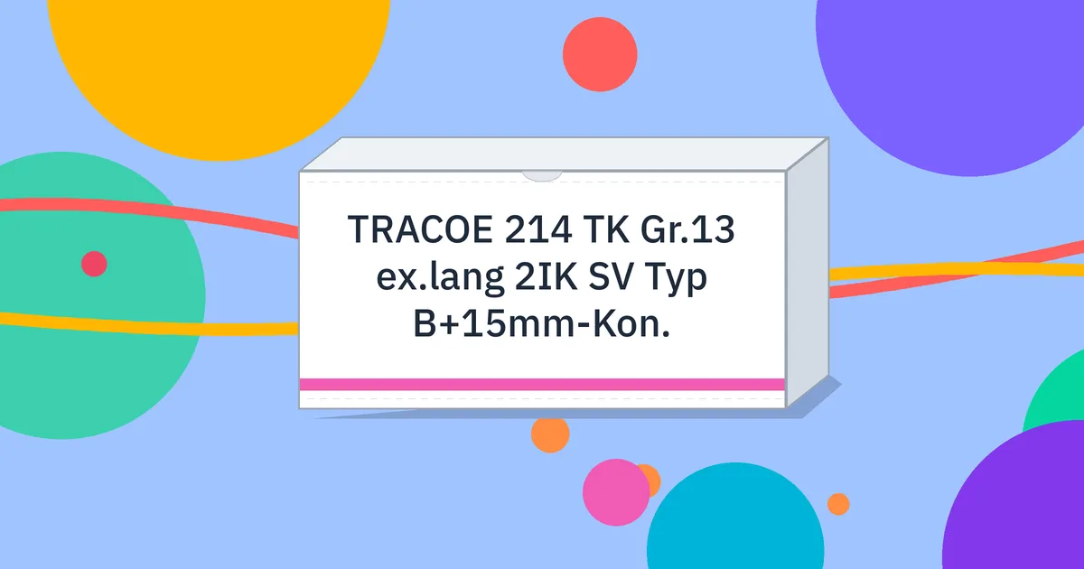 Symbolbild: Packung mit der Aufschrift TRACOE 214 TK Gr.13 ex.lang 2IK SV Typ B+15mm-Kon. (PZN 11643557) – Verfügbarkeit und Bezug in Apotheken in Frankfurt am Main