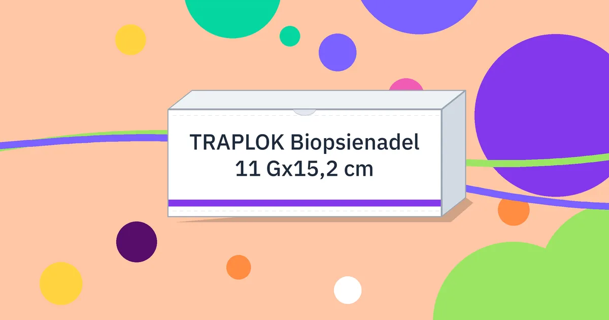 Symbolbild: Packung mit der Aufschrift TRAPLOK Biopsienadel 11 Gx15,2 cm (PZN 06772672) – Verfügbarkeit und Bezug in Apotheken in Frankfurt am Main