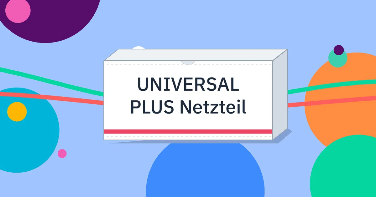 Symbolbild: Packung mit der Aufschrift UNIVERSAL PLUS Netzteil (PZN 12452115) – Verfügbarkeit und Bezug in Apotheken in Frankfurt am Main