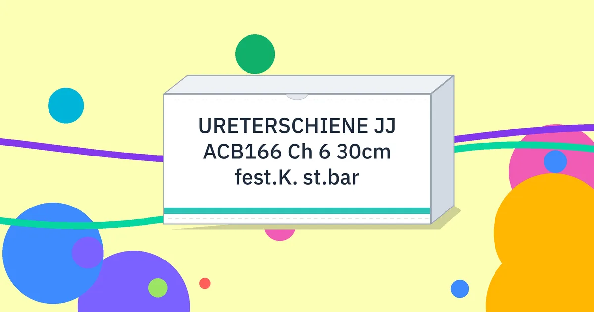 Symbolbild: Packung mit der Aufschrift URETERSCHIENE JJ ACB166 Ch 6 30cm fest.K. st.bar (PZN 00752237) – Verfügbarkeit und Bezug in Apotheken in Frankfurt am Main