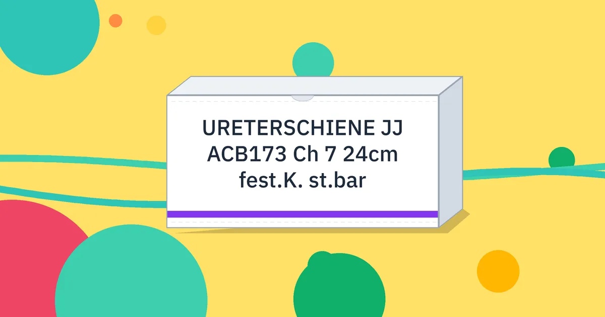 Symbolbild: Packung mit der Aufschrift URETERSCHIENE JJ ACB173 Ch 7 24cm fest.K. st.bar (PZN 00752272) – Verfügbarkeit und Bezug in Apotheken in Frankfurt am Main