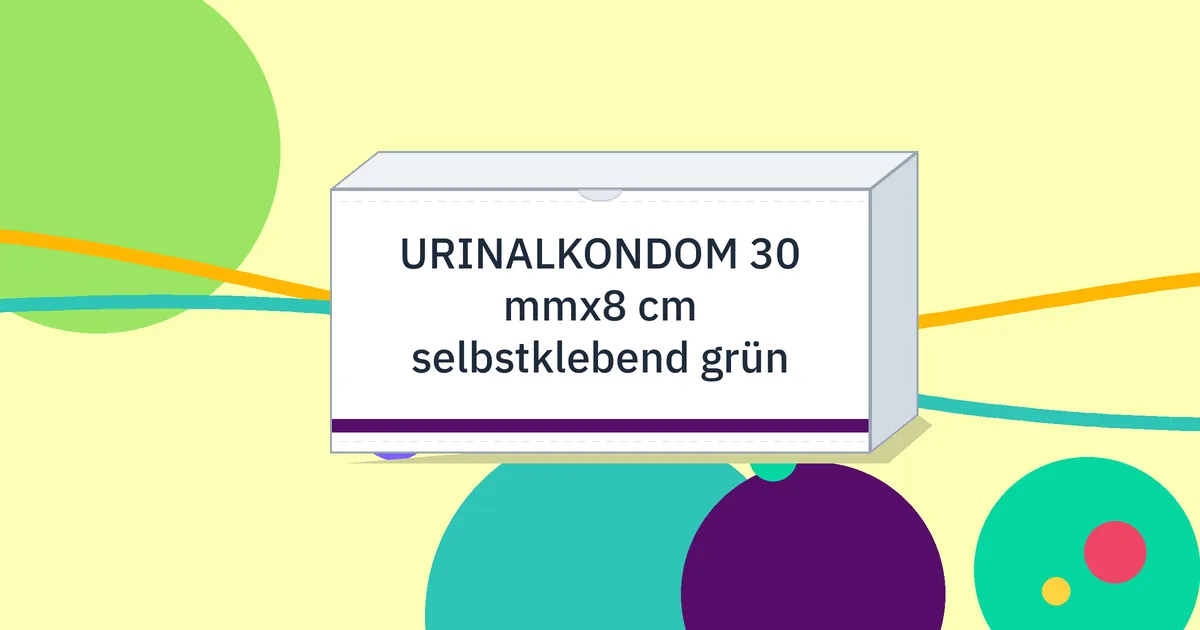Symbolbild: Packung mit der Aufschrift URINALKONDOM 30 mmx8 cm selbstklebend grün (PZN 09251809) – Verfügbarkeit und Bezug in Apotheken in Frankfurt am Main
