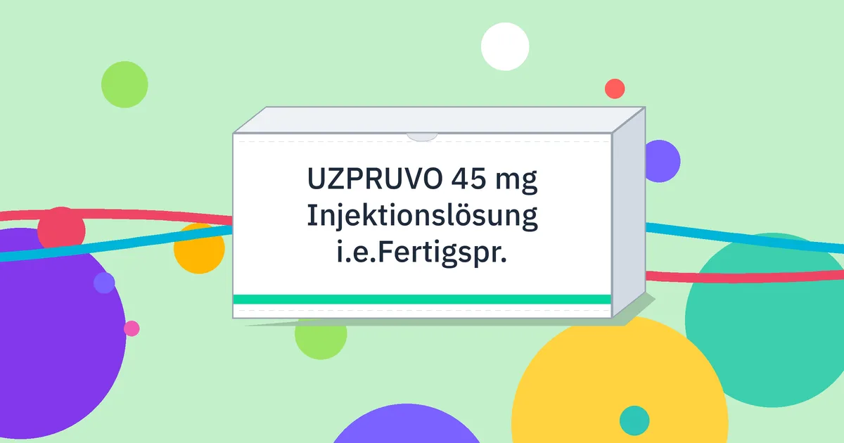 Symbolbild: Packung mit der Aufschrift UZPRUVO 45 mg Injektionslösung i.e.Fertigspr. (PZN 19492750) – Verfügbarkeit und Bezug in Apotheken in Frankfurt am Main
