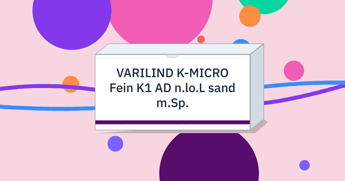 Symbolbild: Packung mit der Aufschrift VARILIND K-MICRO Fein K1 AD n.lo.L sand m.Sp. (PZN 20618877) – Verfügbarkeit und Bezug in Apotheken in Frankfurt am Main