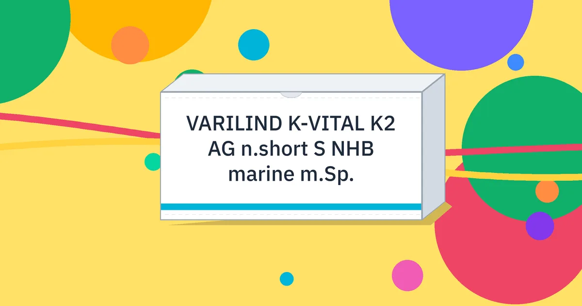 Symbolbild: Packung mit der Aufschrift VARILIND K-VITAL K2 AG n.short S NHB marine m.Sp. (PZN 20564590) – Verfügbarkeit und Bezug in Apotheken in Frankfurt am Main