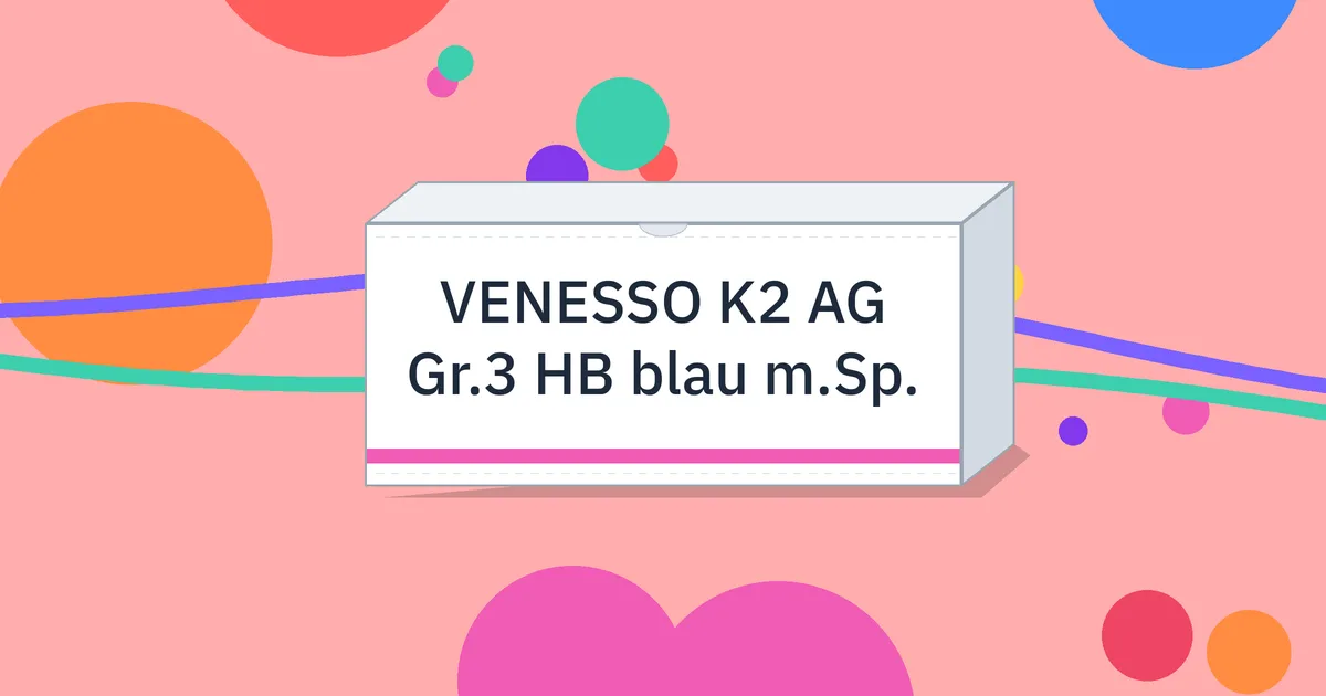 Symbolbild: Packung mit der Aufschrift VENESSO K2 AG Gr.3 HB blau m.Sp. (PZN 03264515) – Verfügbarkeit und Bezug in Apotheken in Frankfurt am Main