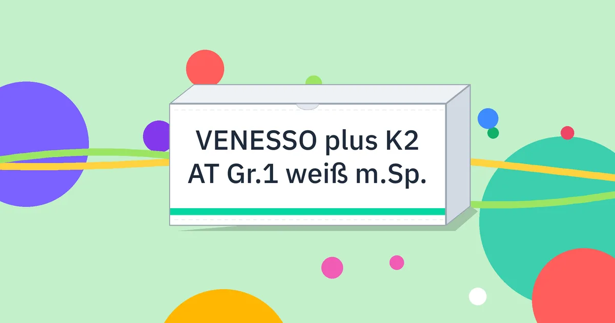 Symbolbild: Packung mit der Aufschrift VENESSO plus K2 AT Gr.1 weiß m.Sp. (PZN 03287775) – Verfügbarkeit und Bezug in Apotheken in Frankfurt am Main