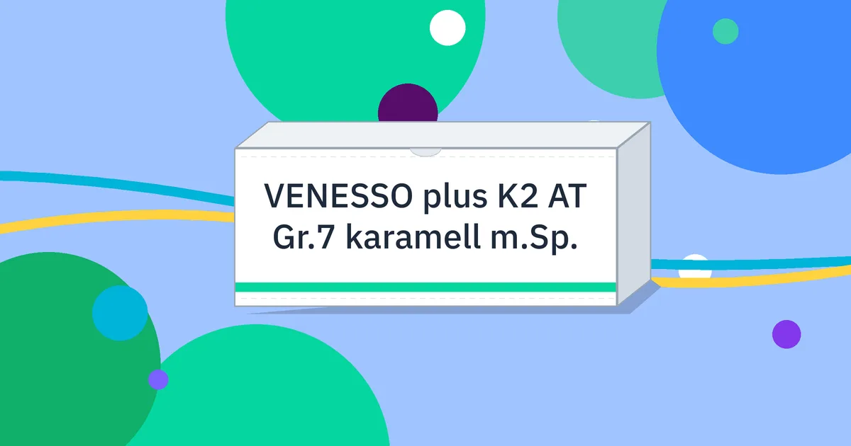 Symbolbild: Packung mit der Aufschrift VENESSO plus K2 AT Gr.7 karamell m.Sp. (PZN 13758626) – Verfügbarkeit und Bezug in Apotheken in Frankfurt am Main
