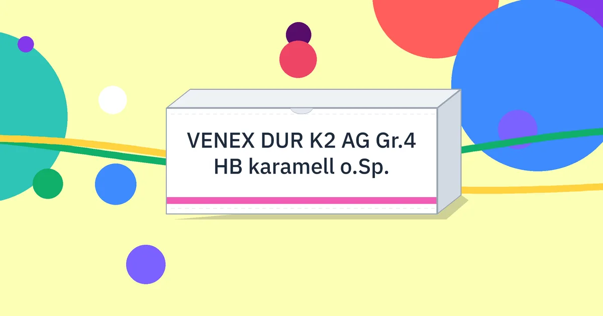 Symbolbild: Packung mit der Aufschrift VENEX DUR K2 AG Gr.4 HB karamell o.Sp. (PZN 13757845) – Verfügbarkeit und Bezug in Apotheken in Frankfurt am Main
