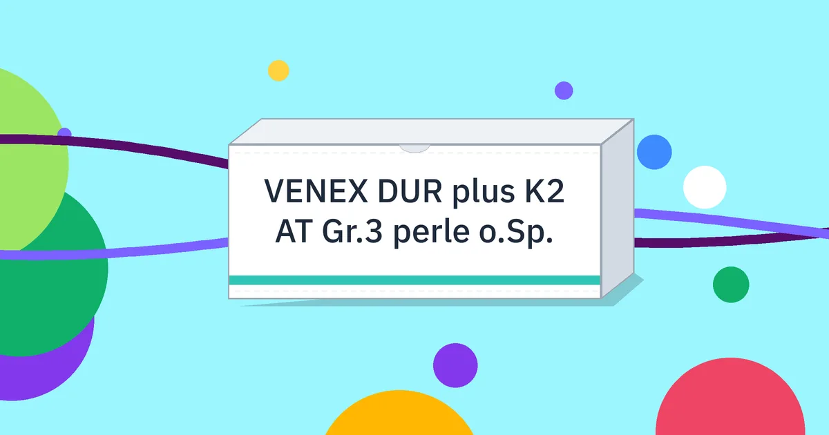 Symbolbild: Packung mit der Aufschrift VENEX DUR plus K2 AT Gr.3 perle o.Sp. (PZN 03234537) – Verfügbarkeit und Bezug in Apotheken in Frankfurt am Main