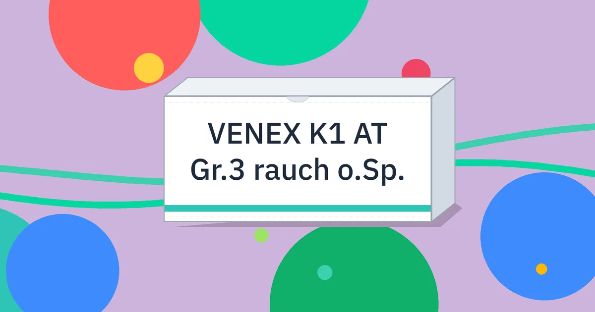 Symbolbild: Packung mit der Aufschrift VENEX K1 AT Gr.3 rauch o.Sp. (PZN 03197109) – Verfügbarkeit und Bezug in Apotheken in Frankfurt am Main