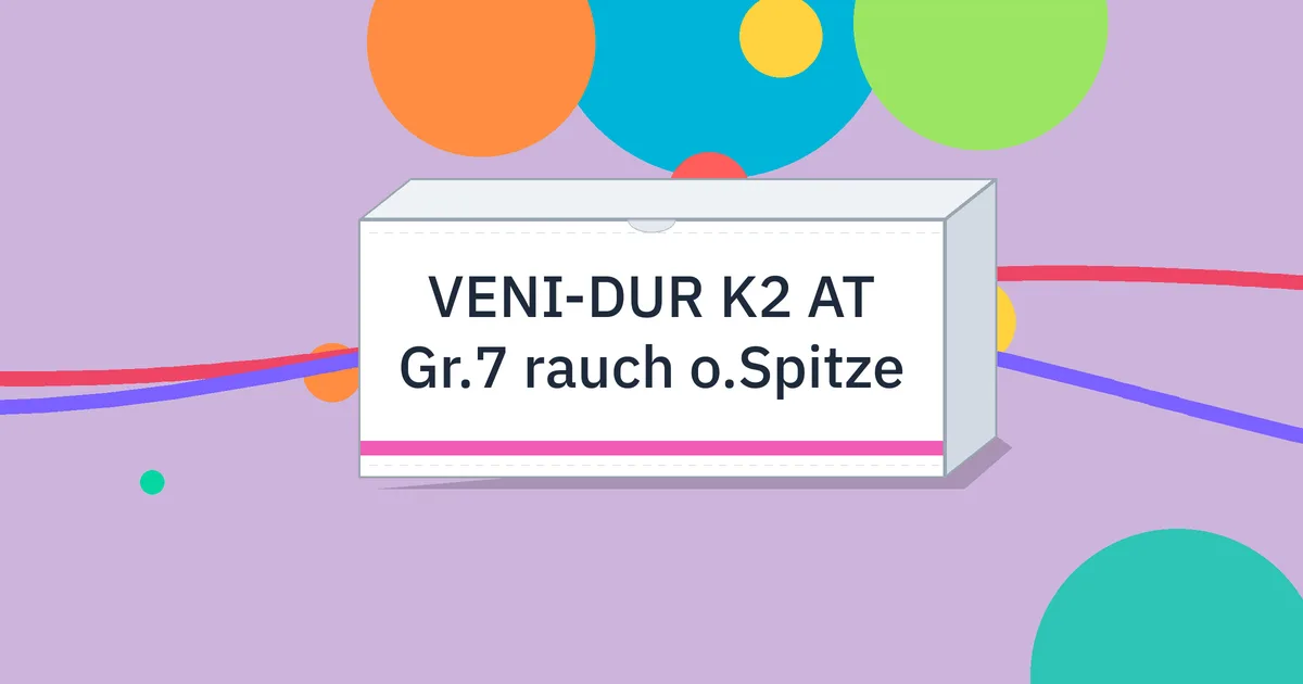 Symbolbild: Packung mit der Aufschrift VENI-DUR K2 AT Gr.7 rauch o.Spitze (PZN 03244122) – Verfügbarkeit und Bezug in Apotheken in Frankfurt am Main