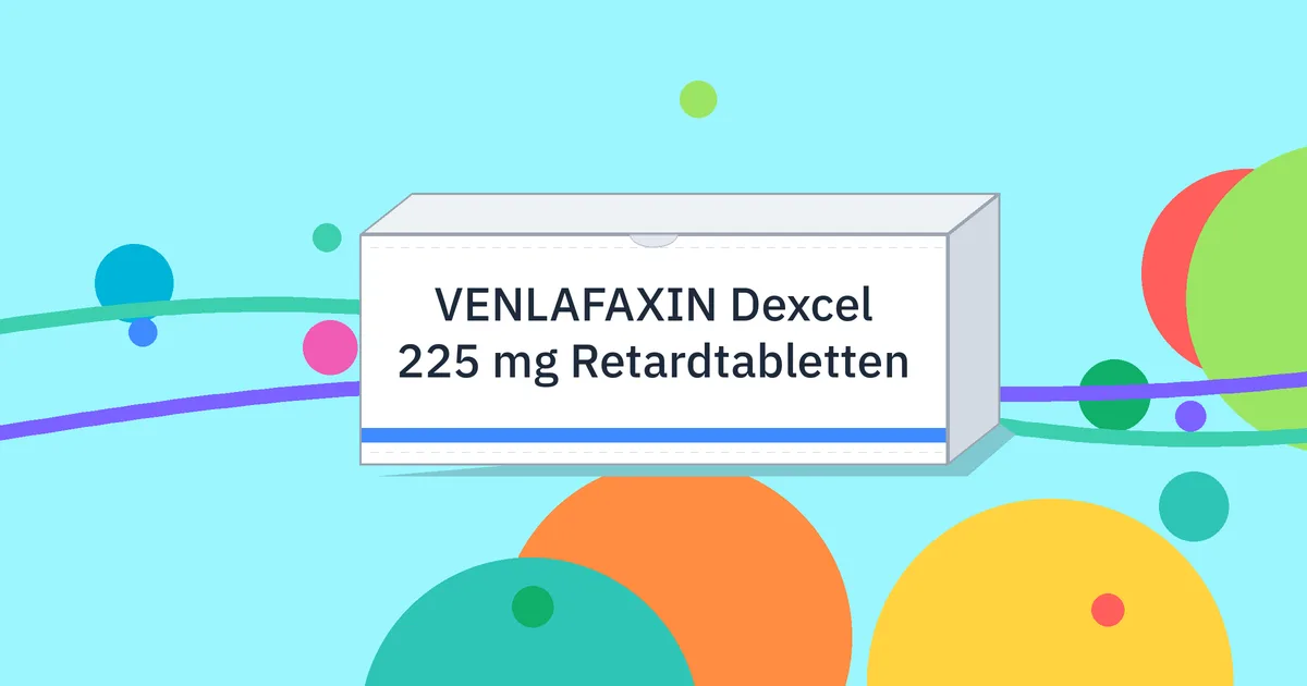 Symbolbild: Packung mit der Aufschrift VENLAFAXIN Dexcel 225 mg Retardtabletten (PZN 09484040) – Verfügbarkeit und Bezug in Apotheken in Frankfurt am Main