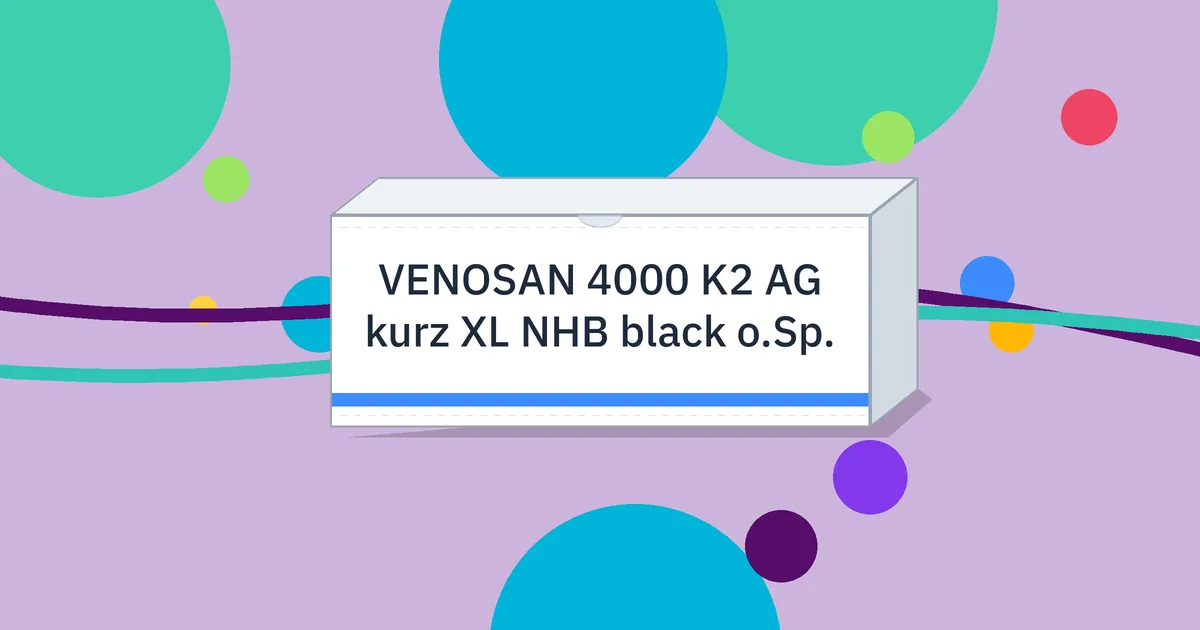 Symbolbild: Packung mit der Aufschrift VENOSAN 4000 K2 AG kurz XL NHB black o.Sp. (PZN 14427937) – Verfügbarkeit und Bezug in Apotheken in Frankfurt am Main