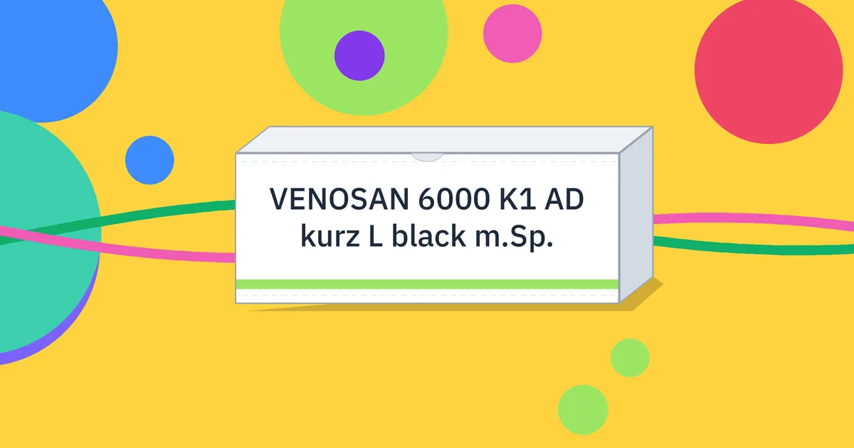 Symbolbild: Packung mit der Aufschrift VENOSAN 6000 K1 AD kurz L black m.Sp. (PZN 17171390) – Verfügbarkeit und Bezug in Apotheken in Frankfurt am Main