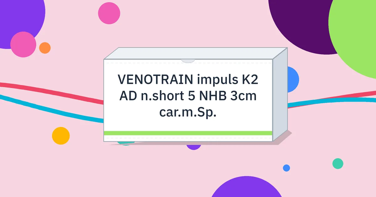 Symbolbild: Packung mit der Aufschrift VENOTRAIN impuls K2 AD n.short 5 NHB 3cm car.m.Sp. (PZN 00643353) – Verfügbarkeit und Bezug in Apotheken in Frankfurt am Main