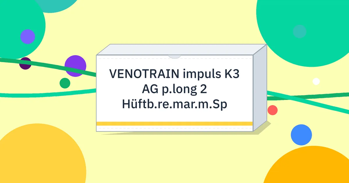 Symbolbild: Packung mit der Aufschrift VENOTRAIN impuls K3 AG p.long 2 Hüftb.re.mar.m.Sp (PZN 15217768) – Verfügbarkeit und Bezug in Apotheken in Frankfurt am Main