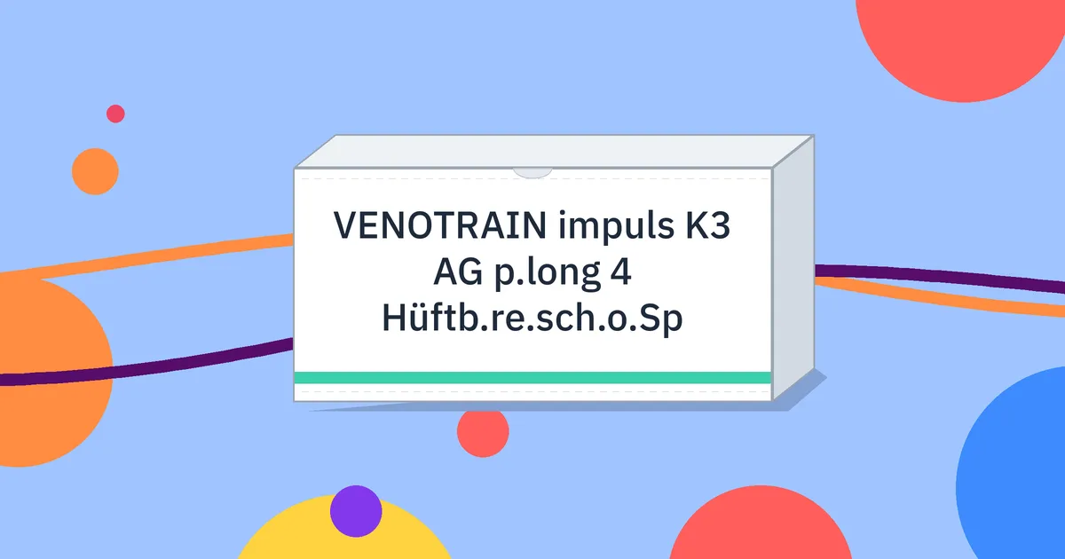 Symbolbild: Packung mit der Aufschrift VENOTRAIN impuls K3 AG p.long 4 Hüftb.re.sch.o.Sp (PZN 10294327) – Verfügbarkeit und Bezug in Apotheken in Frankfurt am Main