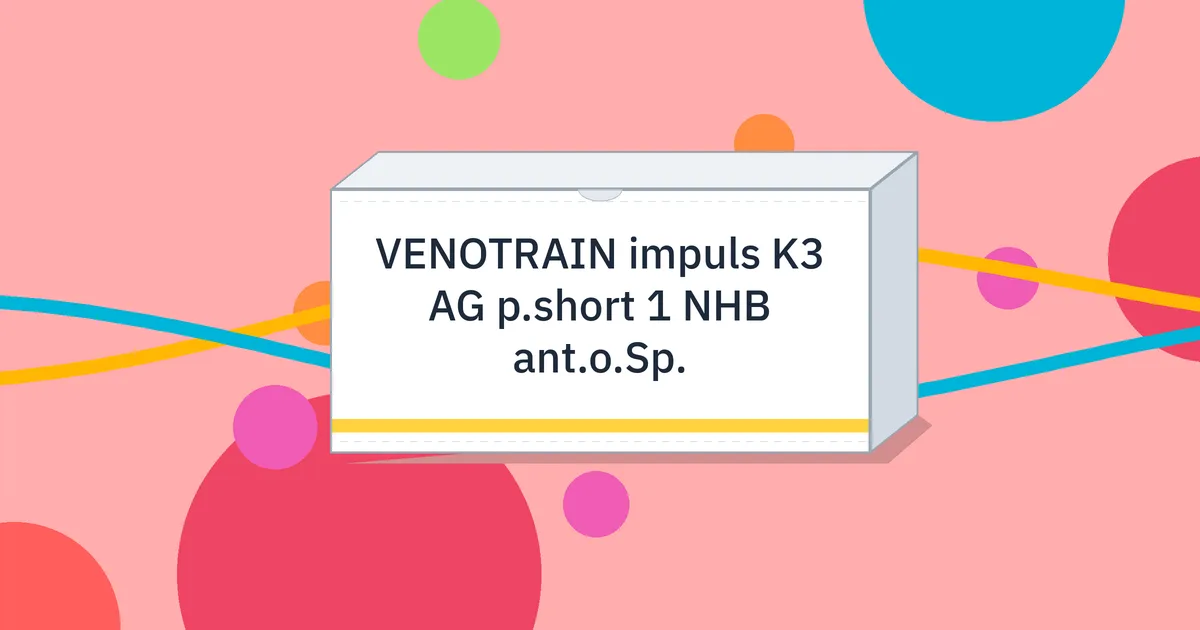 Symbolbild: Packung mit der Aufschrift VENOTRAIN impuls K3 AG p.short 1 NHB ant.o.Sp. (PZN 15216220) – Verfügbarkeit und Bezug in Apotheken in Frankfurt am Main