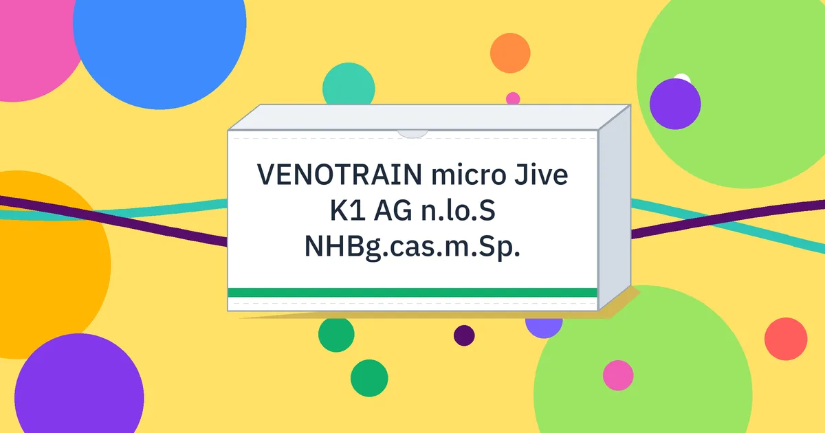 Symbolbild: Packung mit der Aufschrift VENOTRAIN micro Jive K1 AG n.lo.S NHBg.cas.m.Sp. (PZN 20766684) – Verfügbarkeit und Bezug in Apotheken in Frankfurt am Main
