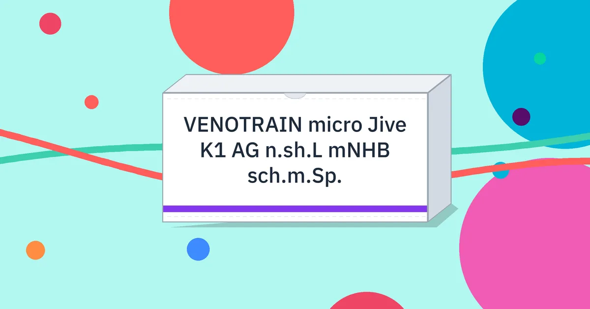 Symbolbild: Packung mit der Aufschrift VENOTRAIN micro Jive K1 AG n.sh.L mNHB sch.m.Sp. (PZN 17762547) – Verfügbarkeit und Bezug in Apotheken in Frankfurt am Main