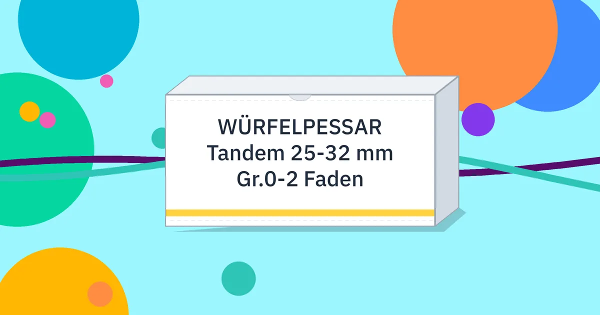 Symbolbild: Packung mit der Aufschrift WÜRFELPESSAR Tandem 25-32 mm Gr.0-2 Faden (PZN 19105523) – Verfügbarkeit und Bezug in Apotheken in Frankfurt am Main