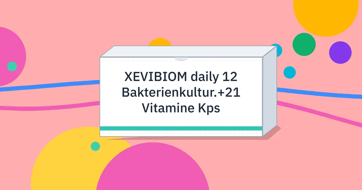 Symbolbild: Packung mit der Aufschrift XEVIBIOM daily 12 Bakterienkultur.+21 Vitamine Kps (PZN 19415749) – Verfügbarkeit und Bezug in Apotheken in Frankfurt am Main