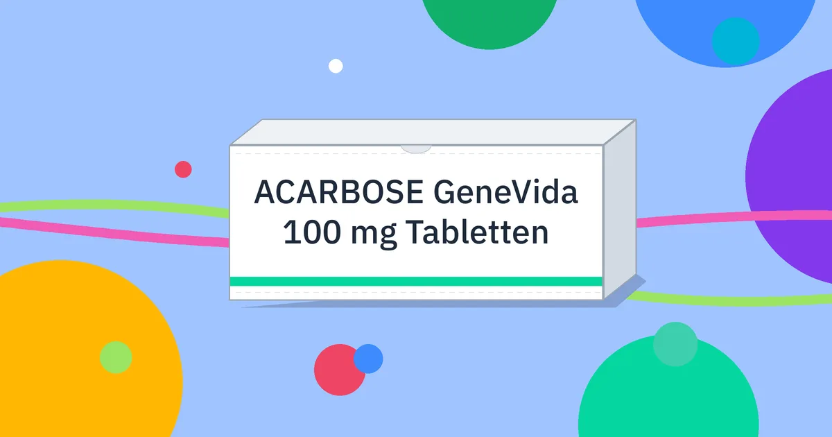 Symbolbild: Packung mit der Aufschrift ACARBOSE GeneVida 100 mg Tabletten (PZN 10979539) – Verfügbarkeit und Bezug in Apotheken in Frankfurt am Main