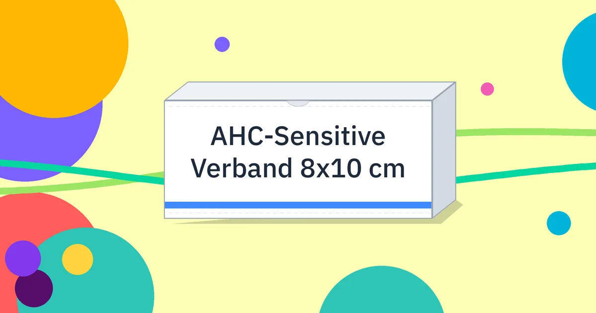 Symbolbild: Packung mit der Aufschrift AHC-Sensitive Verband 8x10 cm (PZN 16774577) – Verfügbarkeit und Bezug in Apotheken in Frankfurt am Main
