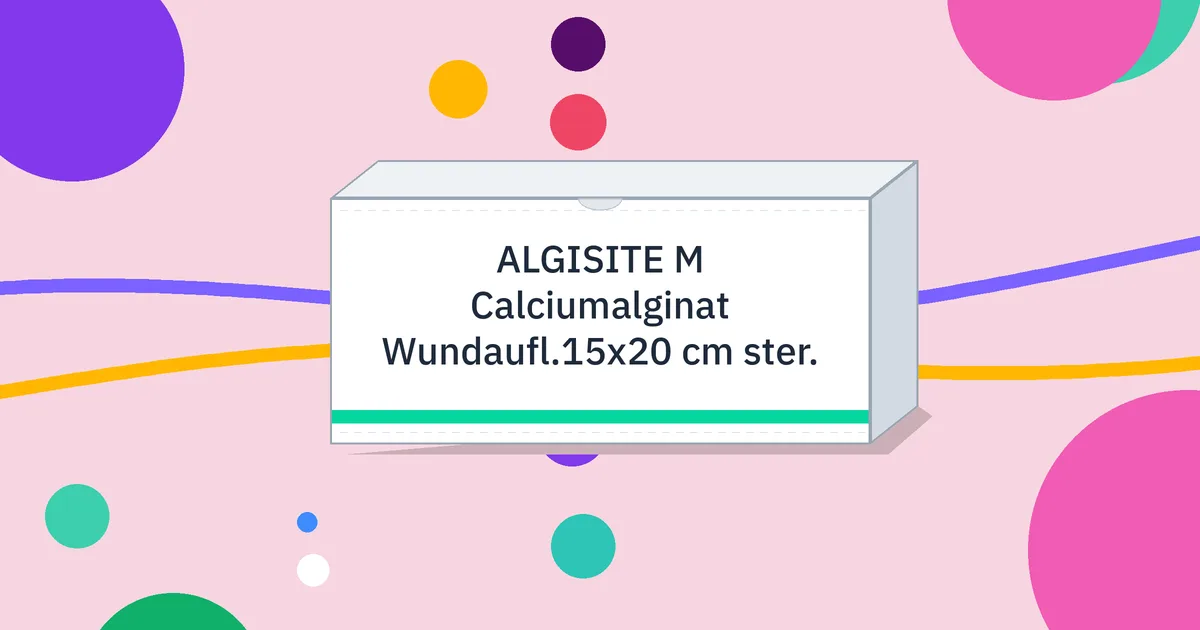 Symbolbild: Packung mit der Aufschrift ALGISITE M Calciumalginat Wundaufl.15x20 cm ster. (PZN 05557256) – Verfügbarkeit und Bezug in Apotheken in Frankfurt am Main