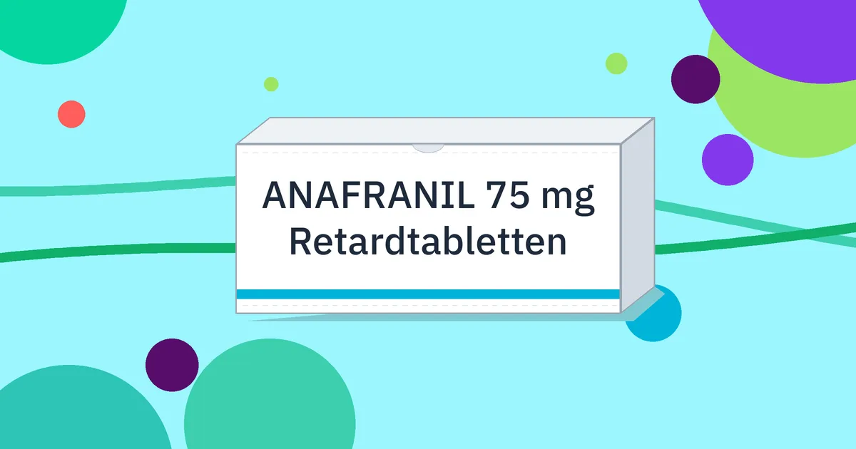 Symbolbild: Packung mit der Aufschrift ANAFRANIL 75 mg Retardtabletten (PZN 07152753) – Verfügbarkeit und Bezug in Apotheken in Frankfurt am Main