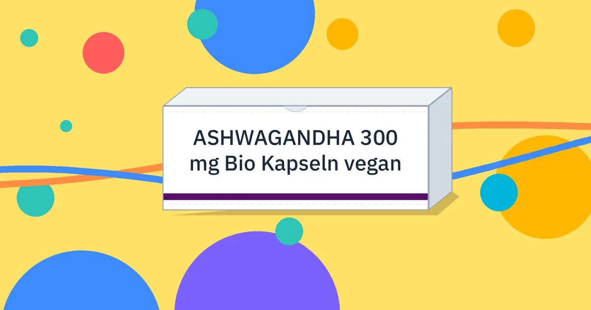Symbolbild: Packung mit der Aufschrift ASHWAGANDHA 300 mg Bio Kapseln vegan (PZN 19461301) – Verfügbarkeit und Bezug in Apotheken in Frankfurt am Main
