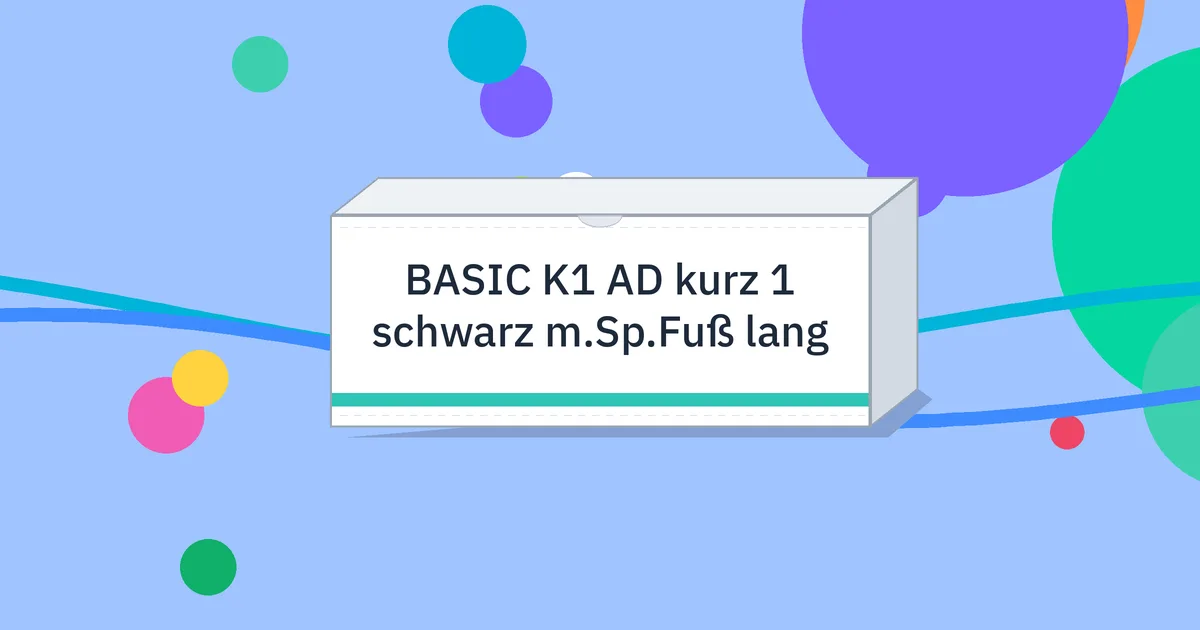 Symbolbild: Packung mit der Aufschrift BASIC K1 AD kurz 1 schwarz m.Sp.Fuß lang (PZN 20256871) – Verfügbarkeit und Bezug in Apotheken in Frankfurt am Main