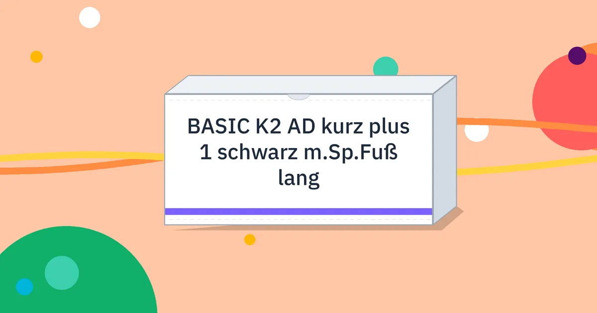 Symbolbild: Packung mit der Aufschrift BASIC K2 AD kurz plus 1 schwarz m.Sp.Fuß lang (PZN 20263517) – Verfügbarkeit und Bezug in Apotheken in Frankfurt am Main