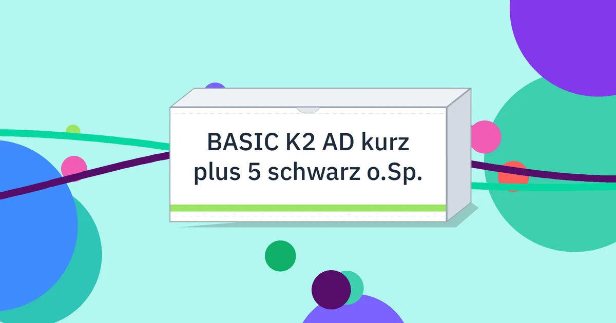 Symbolbild: Packung mit der Aufschrift BASIC K2 AD kurz plus 5 schwarz o.Sp. (PZN 20265255) – Verfügbarkeit und Bezug in Apotheken in Frankfurt am Main