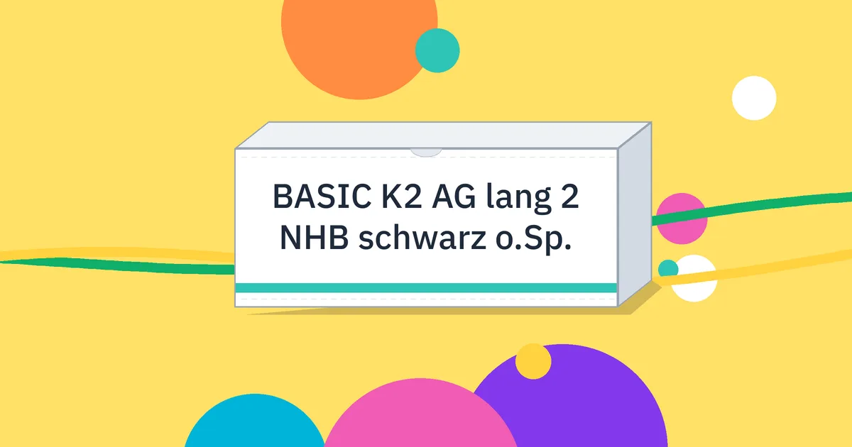Symbolbild: Packung mit der Aufschrift BASIC K2 AG lang 2 NHB schwarz o.Sp. (PZN 20266467) – Verfügbarkeit und Bezug in Apotheken in Frankfurt am Main