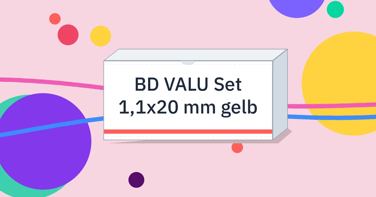 Symbolbild: Packung mit der Aufschrift BD VALU Set 1,1x20 mm gelb (PZN 01111405) – Verfügbarkeit und Bezug in Apotheken in Frankfurt am Main