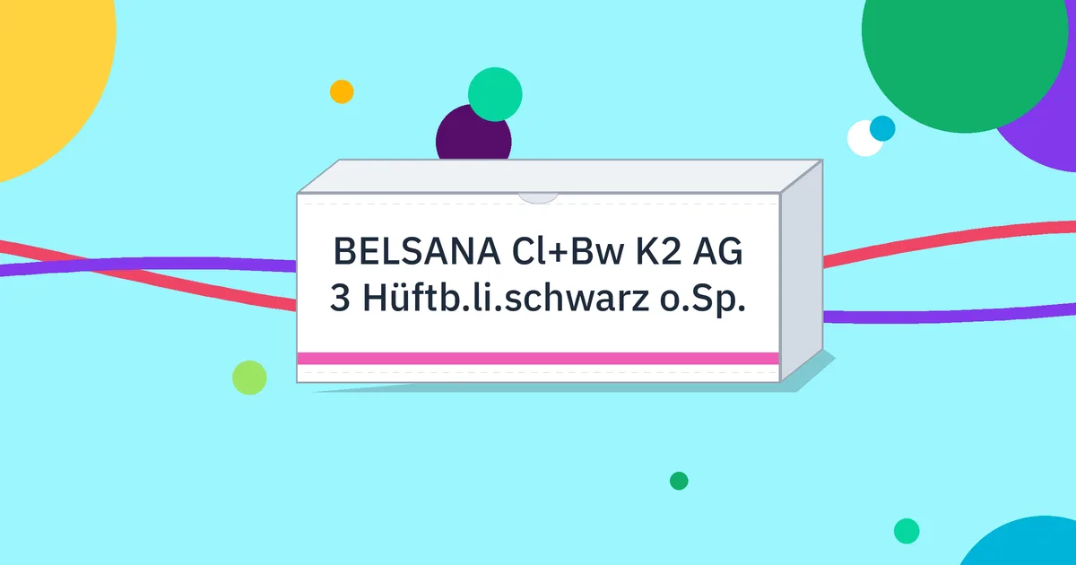 Symbolbild: Packung mit der Aufschrift BELSANA Cl+Bw K2 AG 3 Hüftb.li.schwarz o.Sp. (PZN 12254384) – Verfügbarkeit und Bezug in Apotheken in Frankfurt am Main