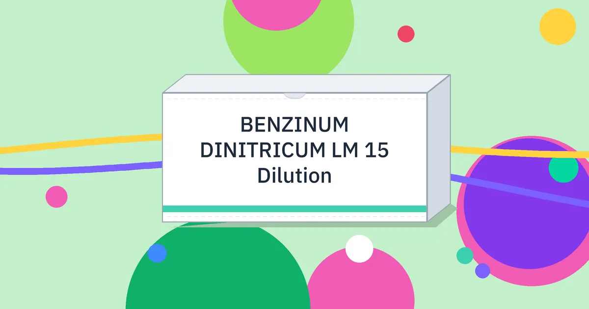 Symbolbild: Packung mit der Aufschrift BENZINUM DINITRICUM LM 15 Dilution (PZN 13382279) – Verfügbarkeit und Bezug in Apotheken in Frankfurt am Main