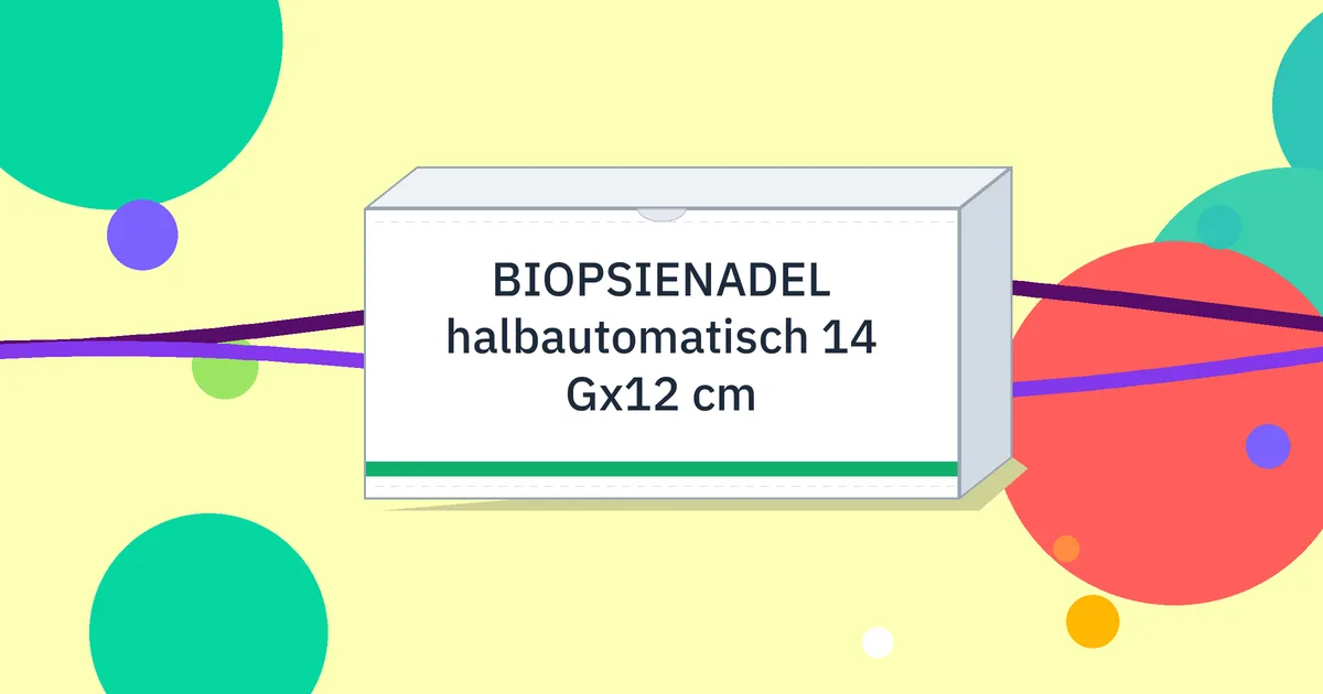 Symbolbild: Packung mit der Aufschrift BIOPSIENADEL halbautomatisch 14 Gx12 cm (PZN 19529890) – Verfügbarkeit und Bezug in Apotheken in Frankfurt am Main