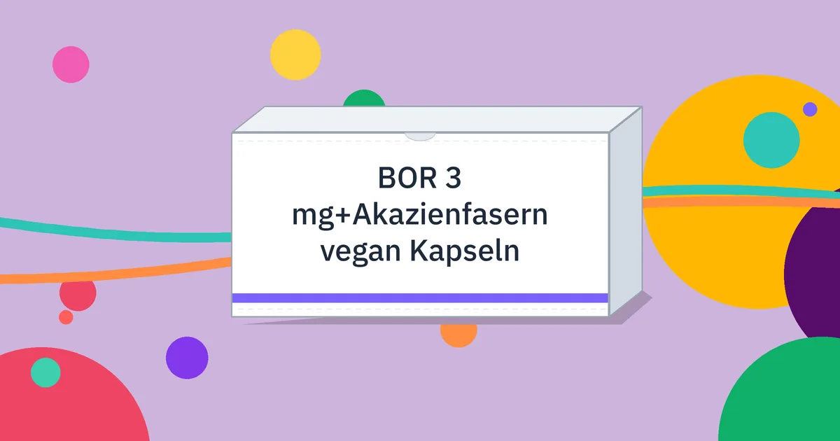Symbolbild: Packung mit der Aufschrift BOR 3 mg+Akazienfasern vegan Kapseln (PZN 18890448) – Verfügbarkeit und Bezug in Apotheken in Frankfurt am Main