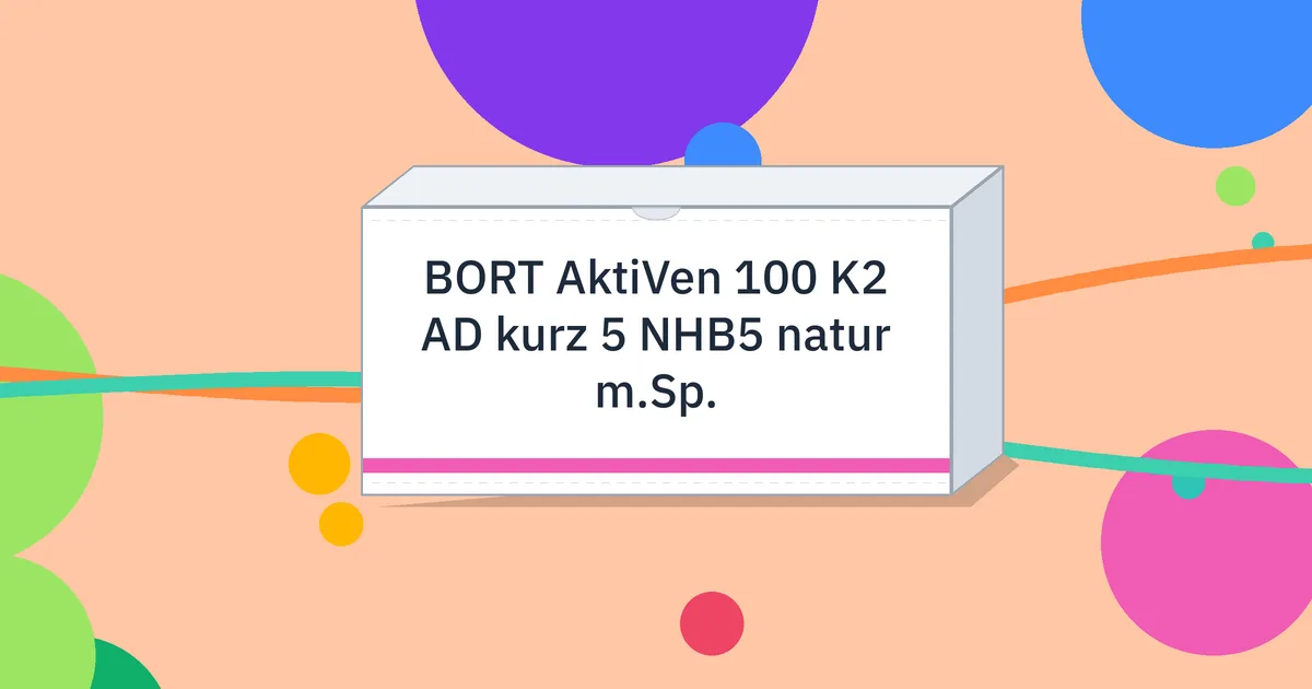 Symbolbild: Packung mit der Aufschrift BORT AktiVen 100 K2 AD kurz 5 NHB5 natur m.Sp. (PZN 17494064) – Verfügbarkeit und Bezug in Apotheken in Frankfurt am Main