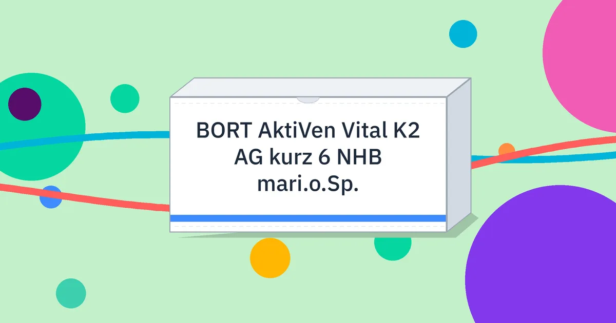 Symbolbild: Packung mit der Aufschrift BORT AktiVen Vital K2 AG kurz 6 NHB mari.o.Sp. (PZN 13732911) – Verfügbarkeit und Bezug in Apotheken in Frankfurt am Main