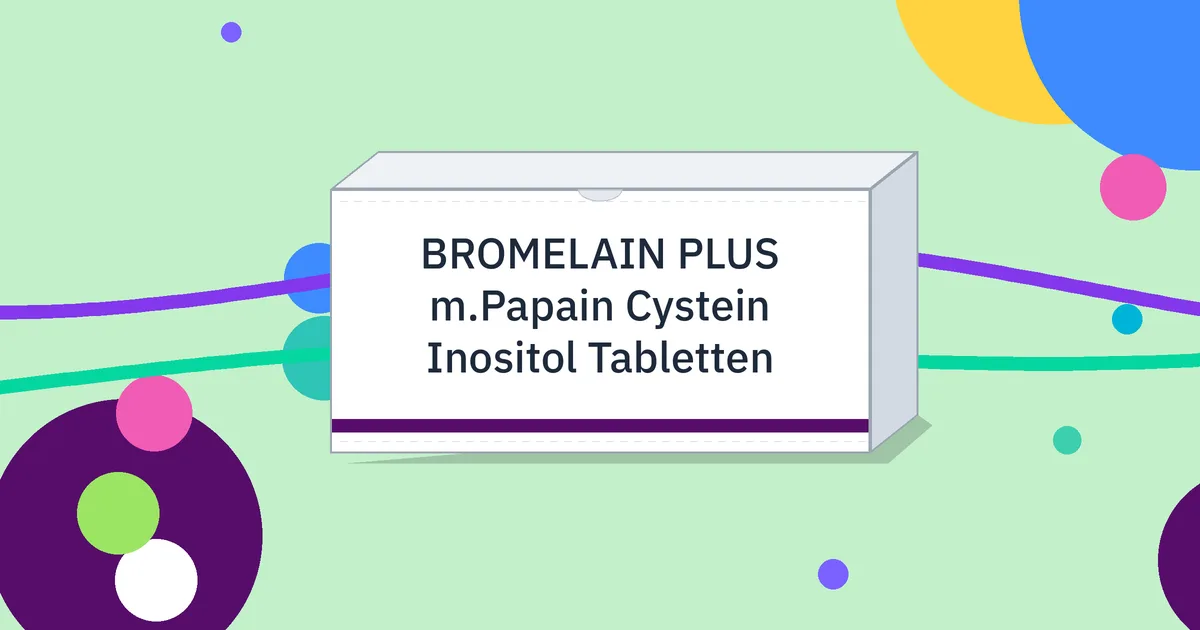Symbolbild: Packung mit der Aufschrift BROMELAIN PLUS m.Papain Cystein Inositol Tabletten (PZN 16827256) – Verfügbarkeit und Bezug in Apotheken in Frankfurt am Main