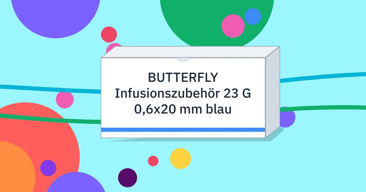 Symbolbild: Packung mit der Aufschrift BUTTERFLY Infusionszubehör 23 G 0,6x20 mm blau (PZN 19699184) – Verfügbarkeit und Bezug in Apotheken in Frankfurt am Main