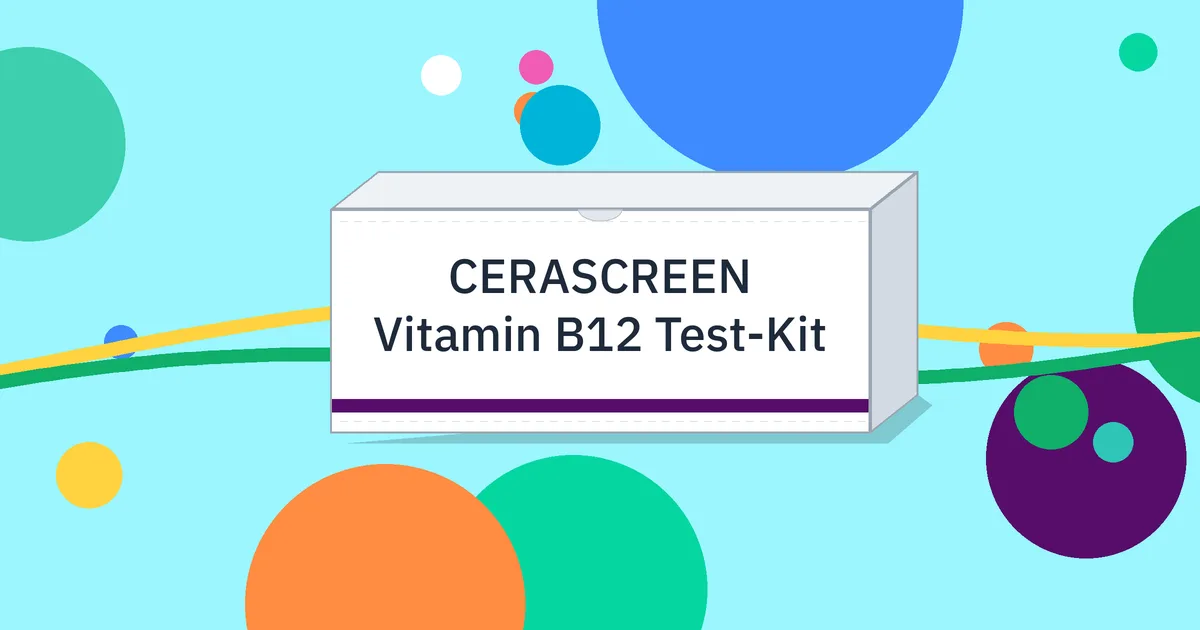 Symbolbild: Packung mit der Aufschrift CERASCREEN Vitamin B12 Test-Kit (PZN 11343878) – Verfügbarkeit und Bezug in Apotheken in Frankfurt am Main